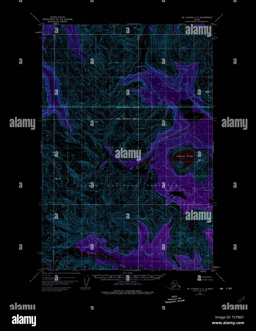 USGS TOPO Map Alaska AK Mount Katmai C-1 357724 1951 63360 Inverted ...