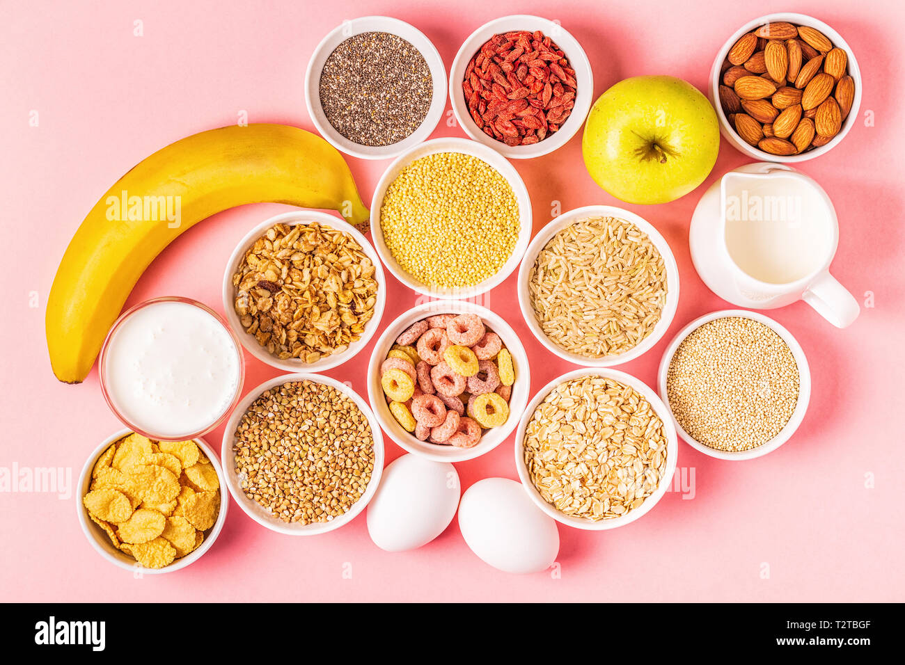 Ingredients for healthy breakfast - cereals, grains, dairy products ...
