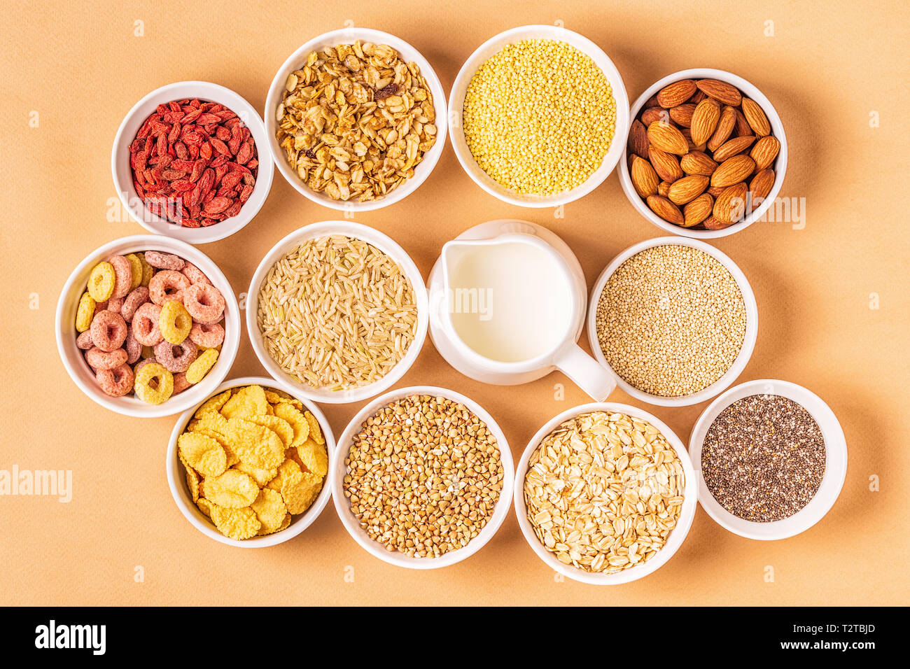 Ingredients for healthy breakfast - cereals, grains, dairy products ...