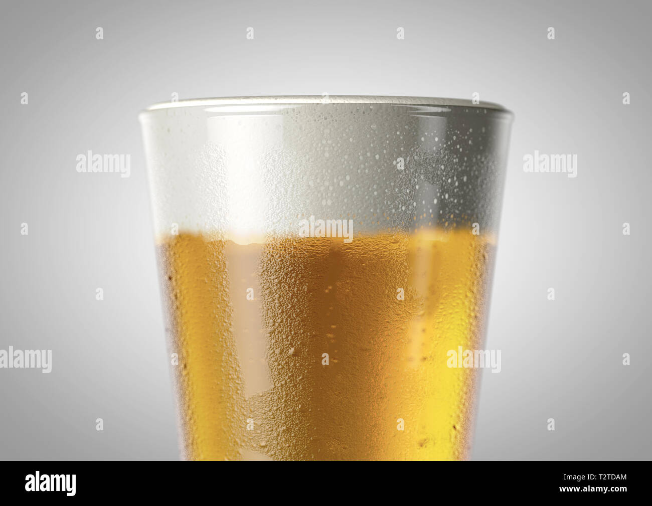 A closeup of the top half of an ice cold shaker pint shaped beer glass ...