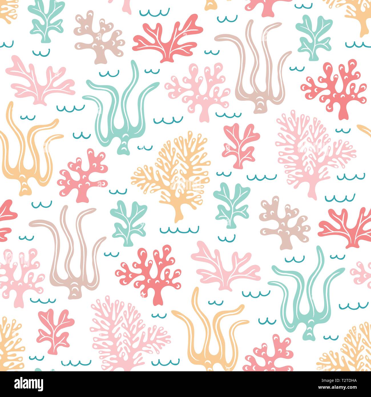 Whimsical Cute Hand-Drawn Sea Life, Waves, Corals, Seaweed, Algae ...