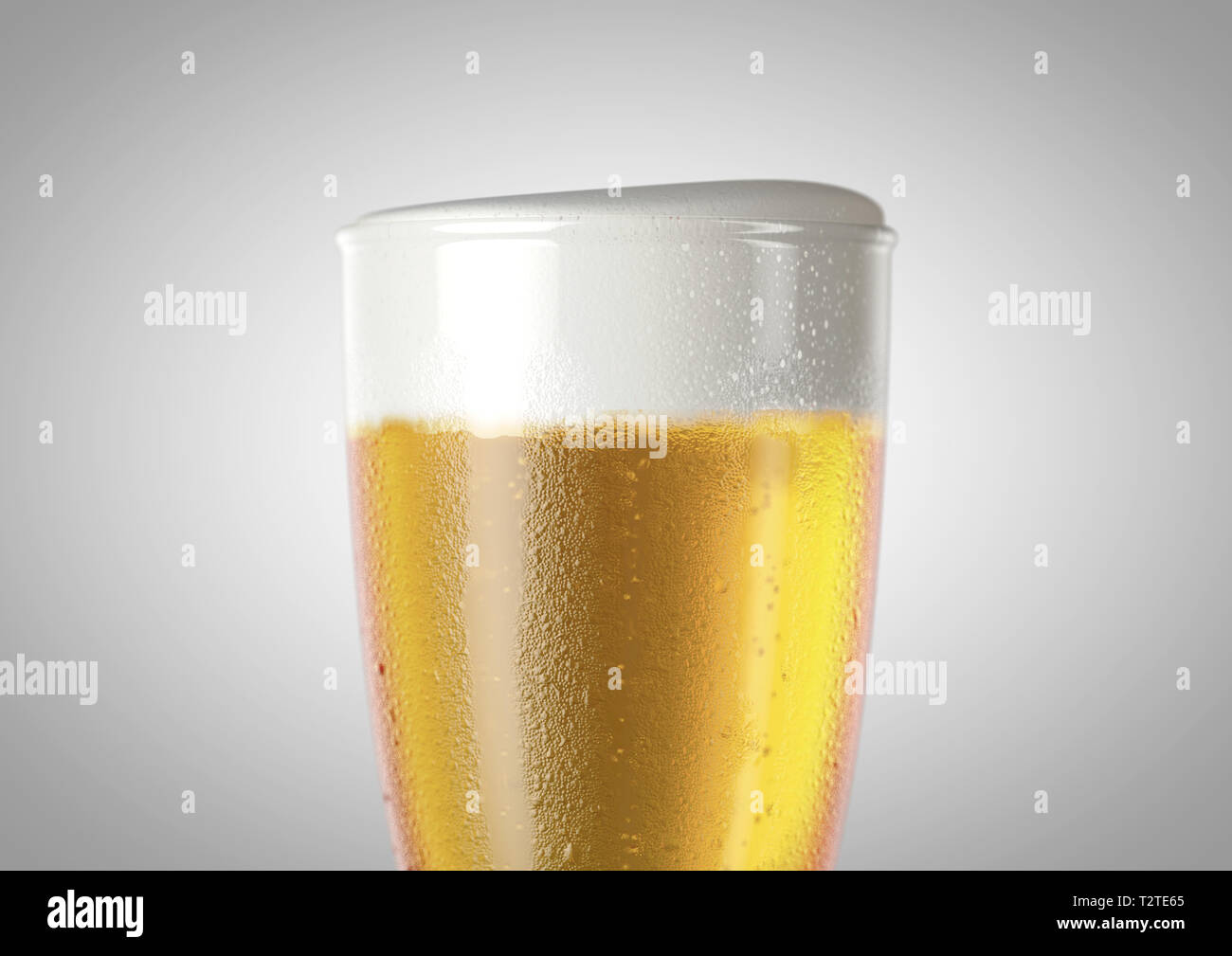 A closeup of the top half of an ice cold weizen shaped beer glass ...