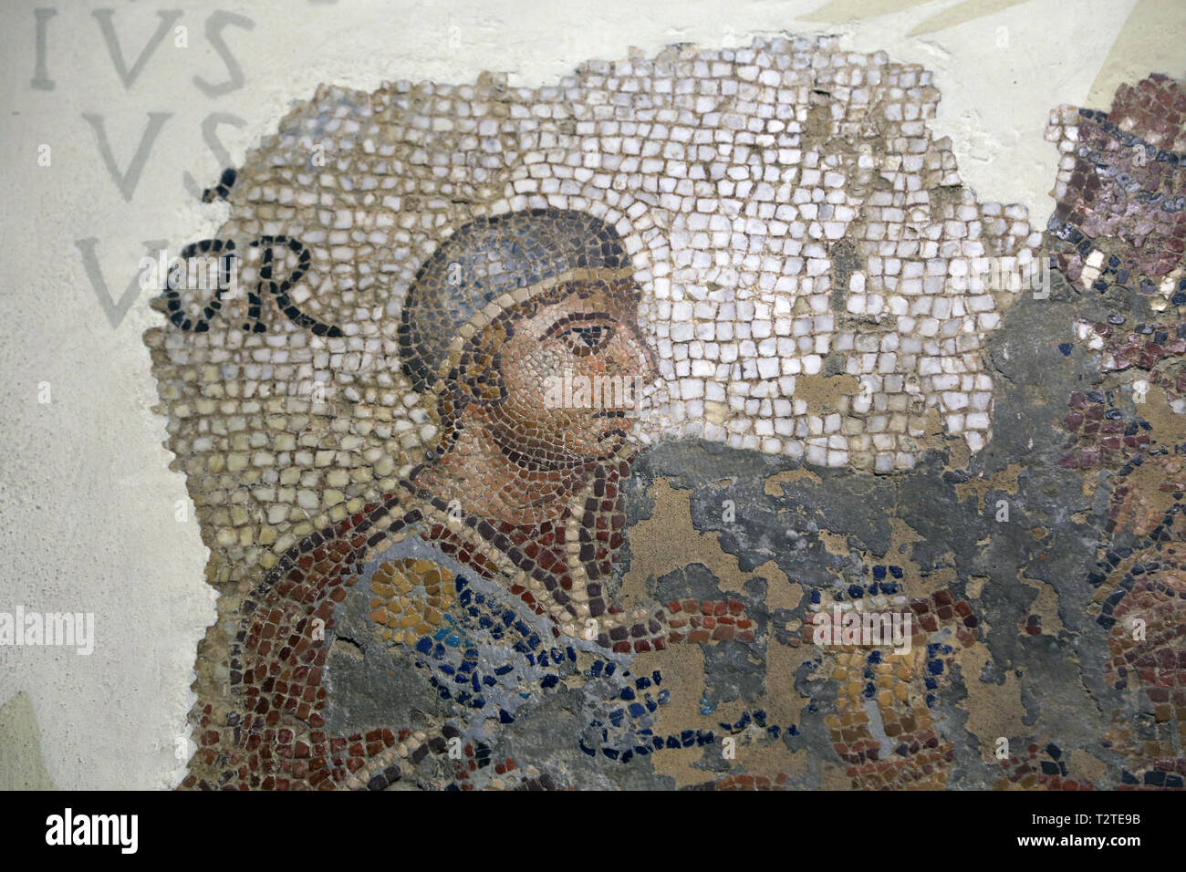 Roman mosaic. Chariot racing in circus. 4th cent. From old Royal Palace. Ancient Barcino ...