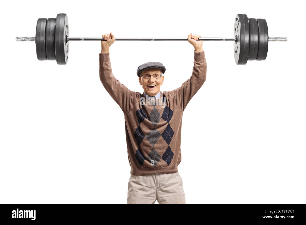 Cheerful senior man lifting a barbell isolated on white background ...