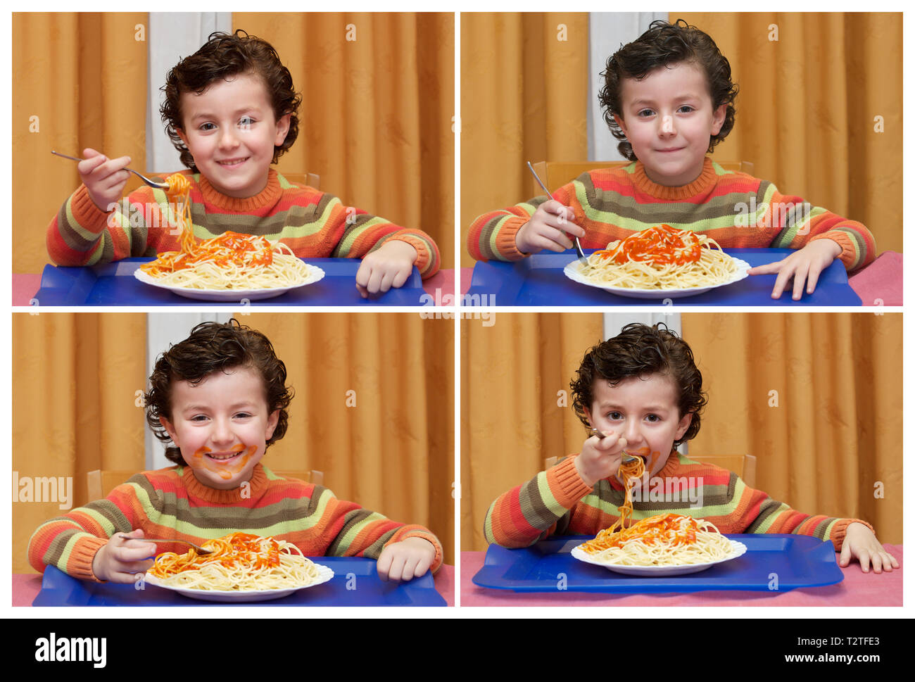 Funny sequece with a child eating spaghetti at home Stock Photo - Alamy