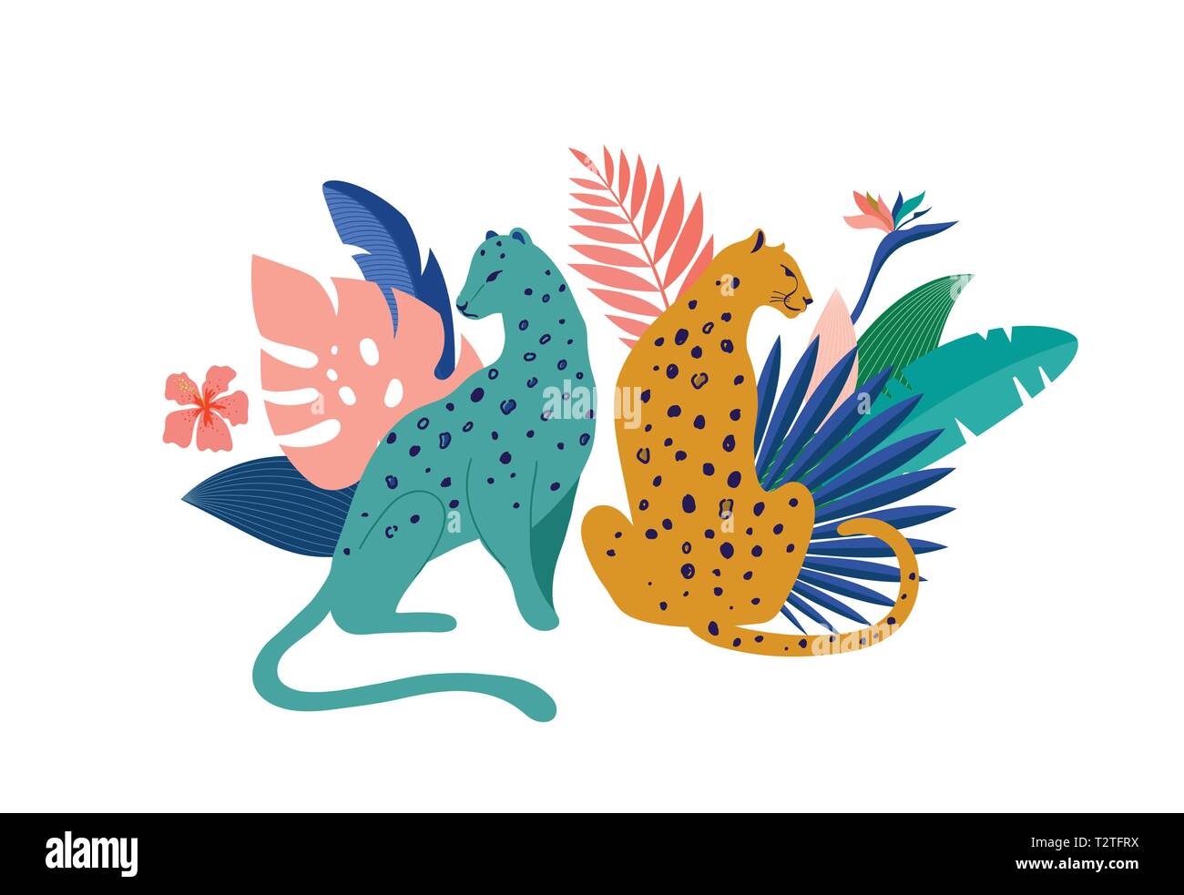 Tropical exotic animals and birds - leopards, tigers, parrots and toucans. Wild animals in the ...