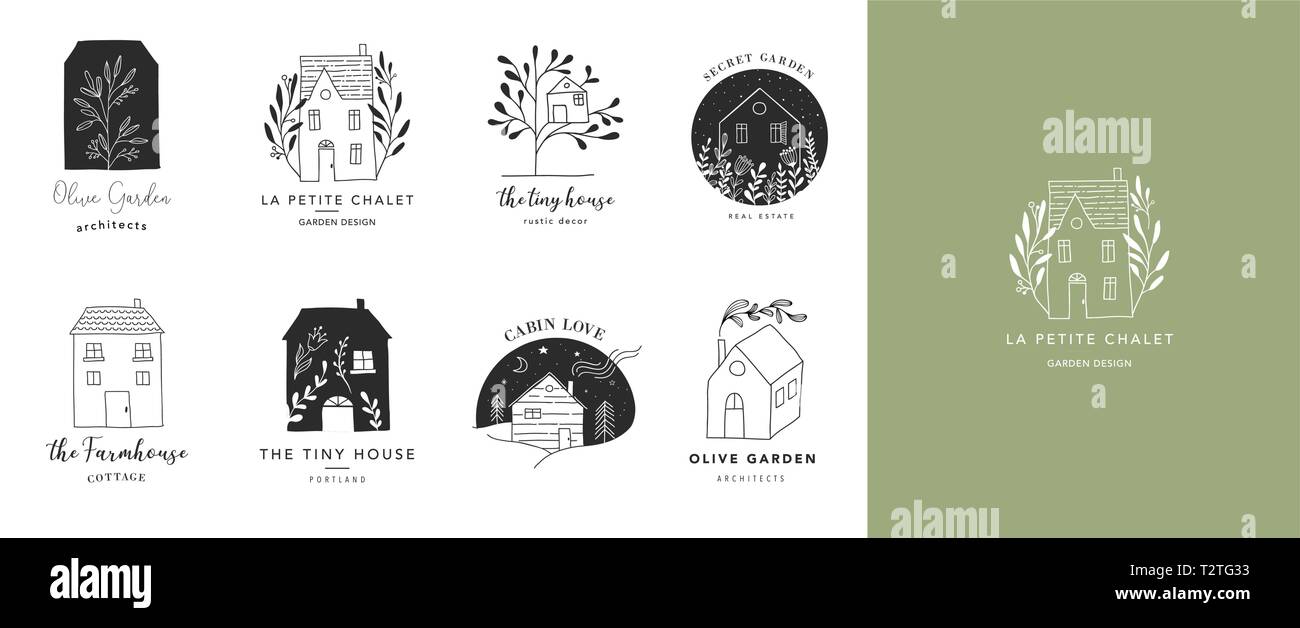 Collection of the hand drawn home, house logos and icons, gardens and ...