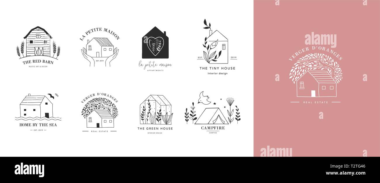 Collection of the hand drawn home, house logos and icons, gardens and ...