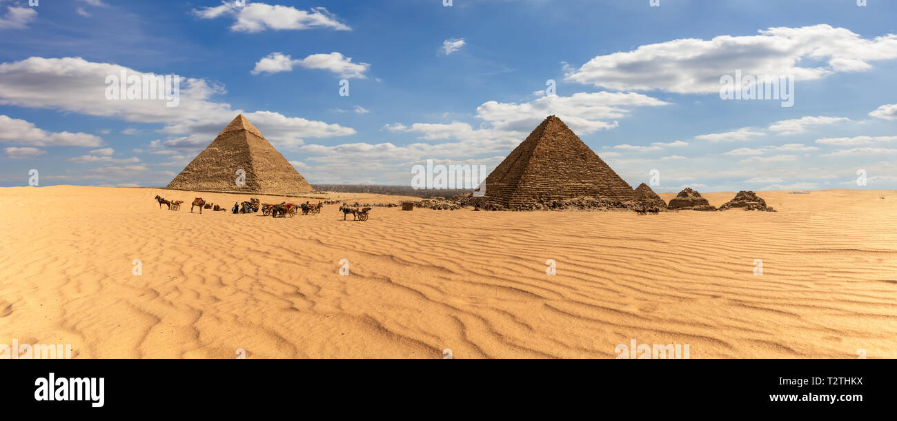 Panorama of Egypt, view on the Giza Pyramids in the desert Stock Photo ...