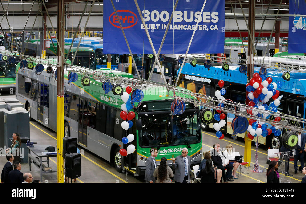 Lancaster, USA. 3rd Apr, 2019. People attend the 300th BYD electric bus ...