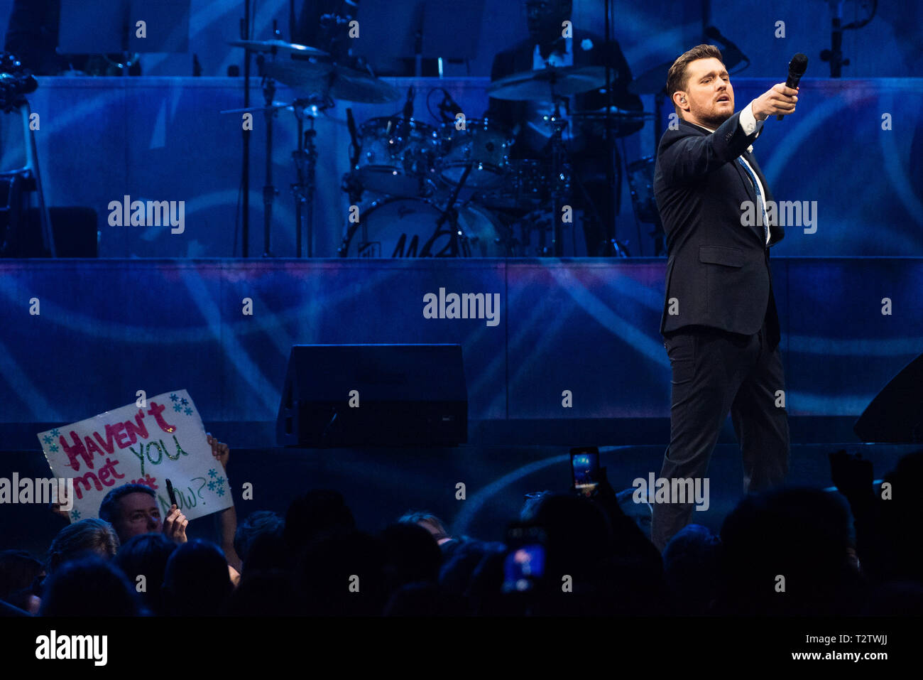 OAKLAND, CA - APRIL 3: Michael Buble performs onstage at Oracle Arena ...
