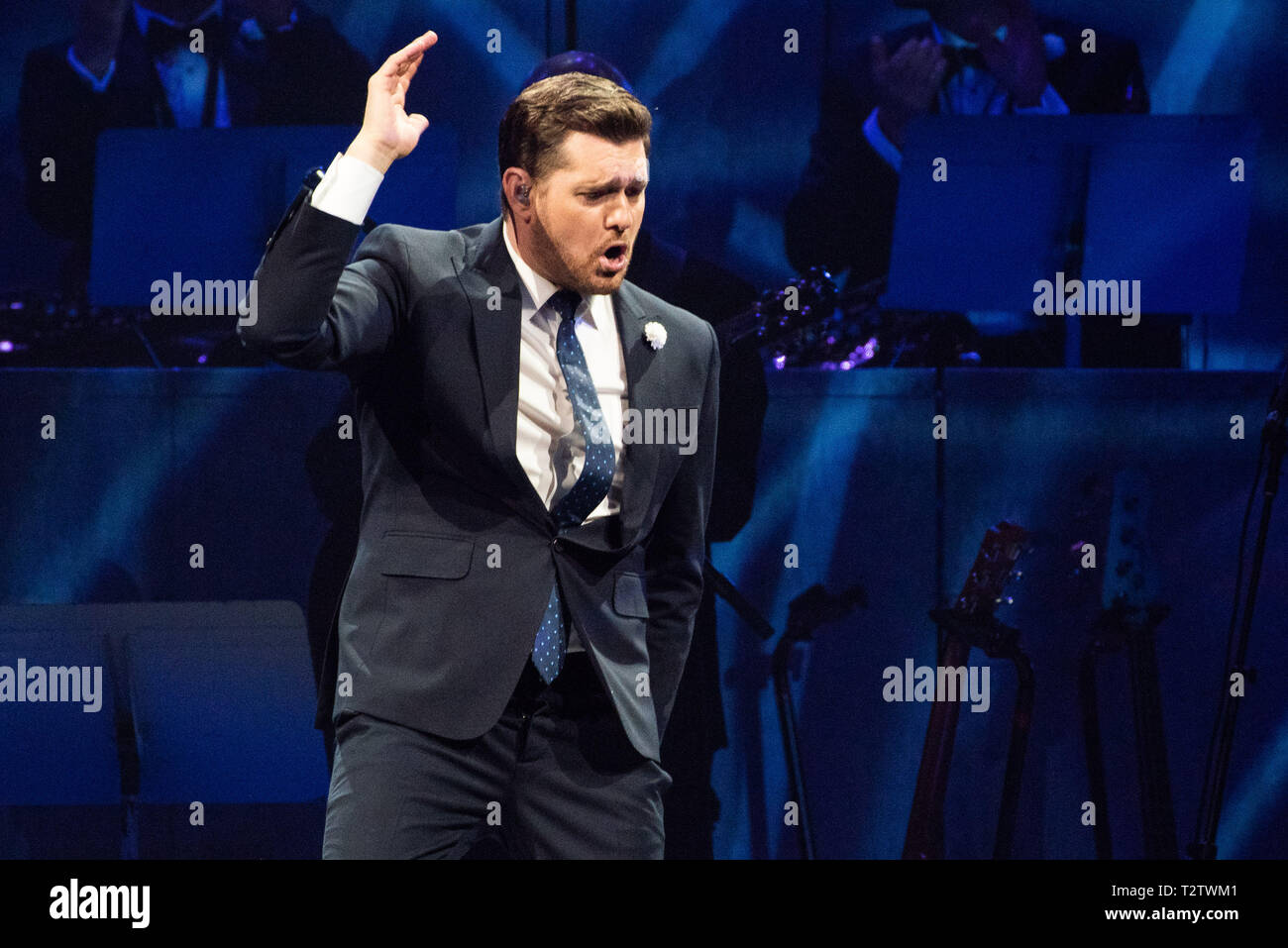 OAKLAND, CA - APRIL 3: Michael Buble performs onstage at Oracle Arena ...