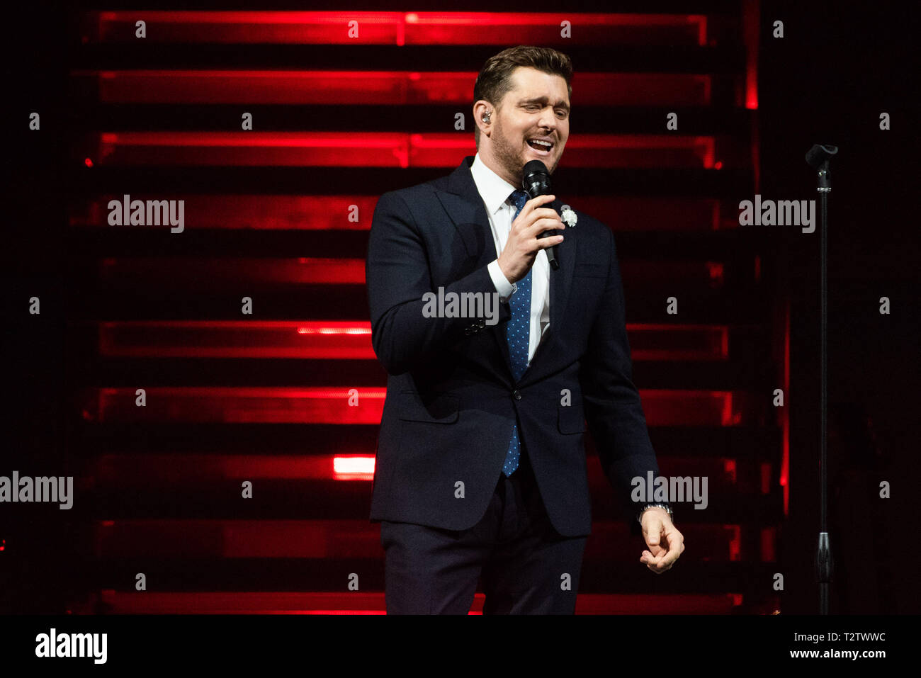 OAKLAND, CA - APRIL 3: Michael Buble performs onstage at Oracle Arena ...