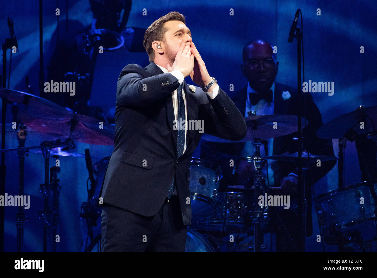 OAKLAND, CA - APRIL 3: Michael Buble performs onstage at Oracle Arena ...