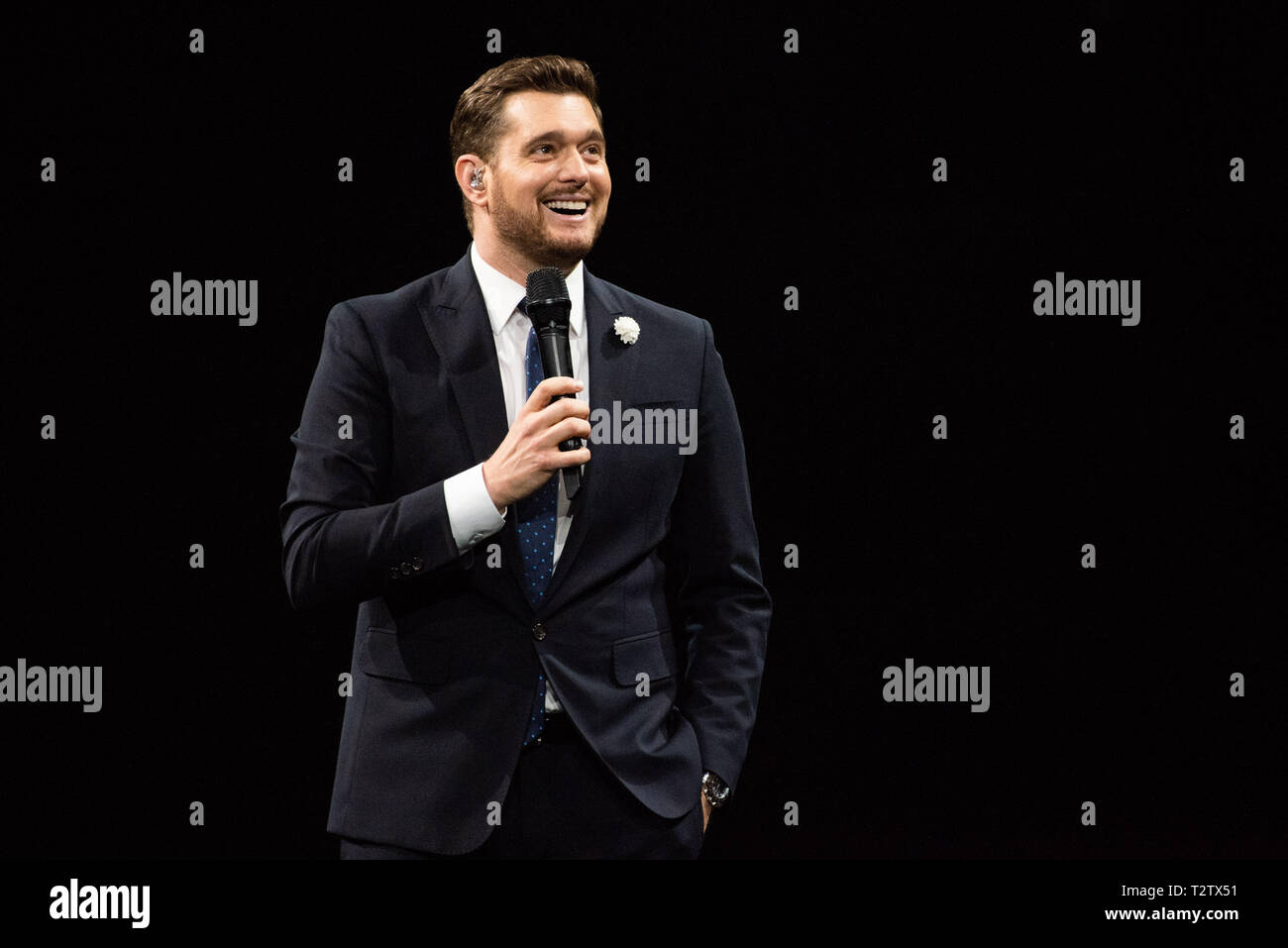 OAKLAND, CA - APRIL 3: Michael Buble performs onstage at Oracle Arena ...