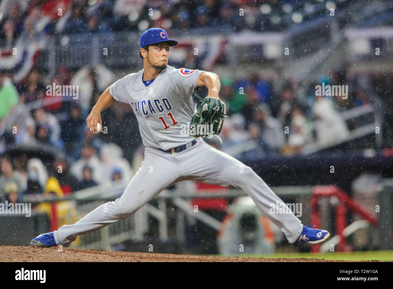 Atlanta, GA, USA. 4th Apr, 2019. Chicago Cubs starting pitcher Yu ...