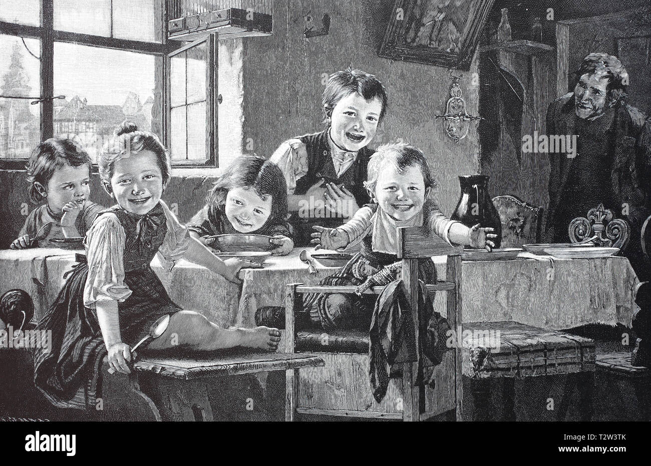 Hurray, food gets on on the table, The child crowd is glad that the ...