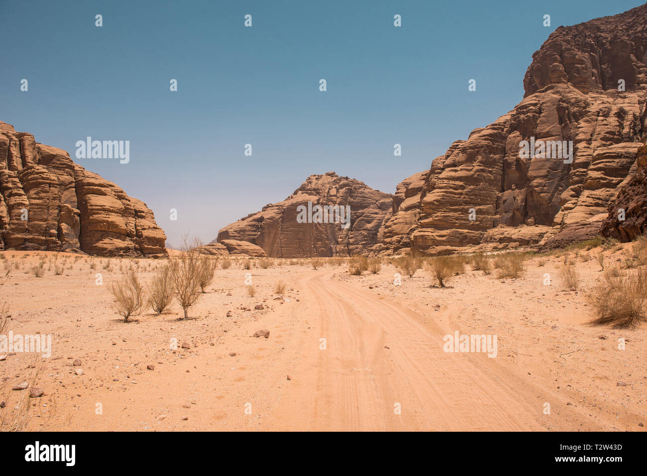 Sandstone and granite rocks in the desert. Wadi Rum, Jordan Stock Photo ...