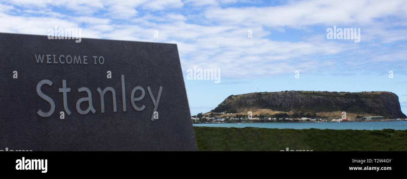 The welcome to Stanley sign in front of the town's famous volcanic ...