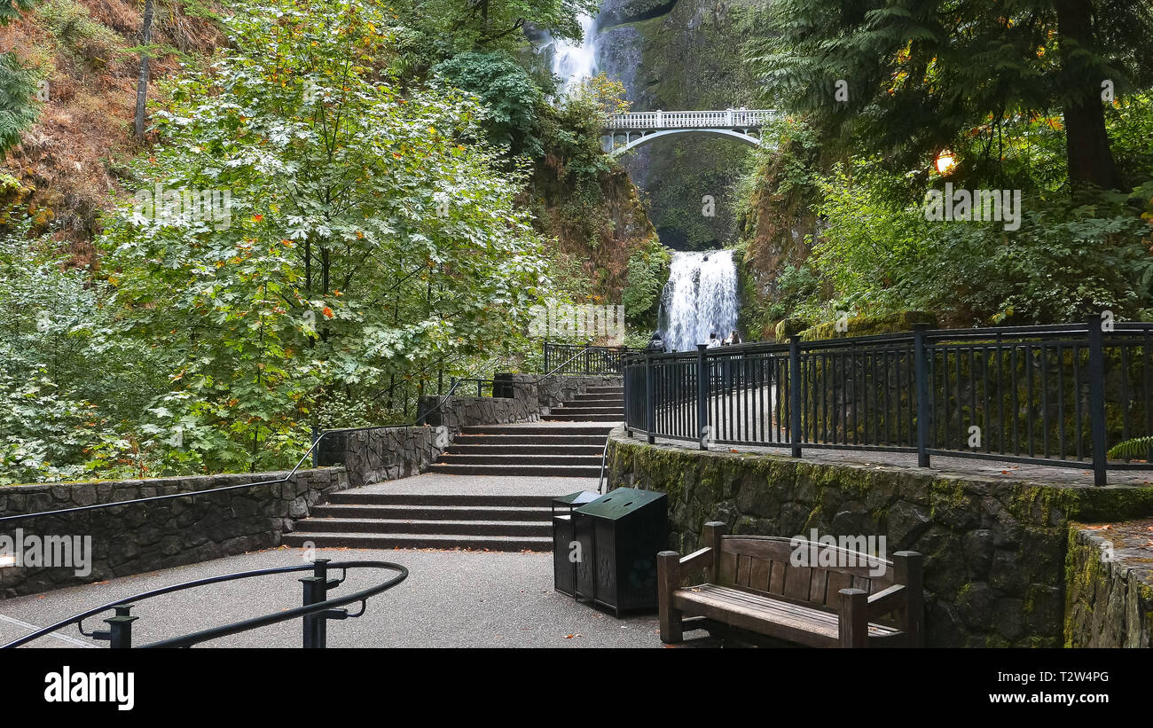 wide angle of the lower section of multnomah falls in portland, or ...