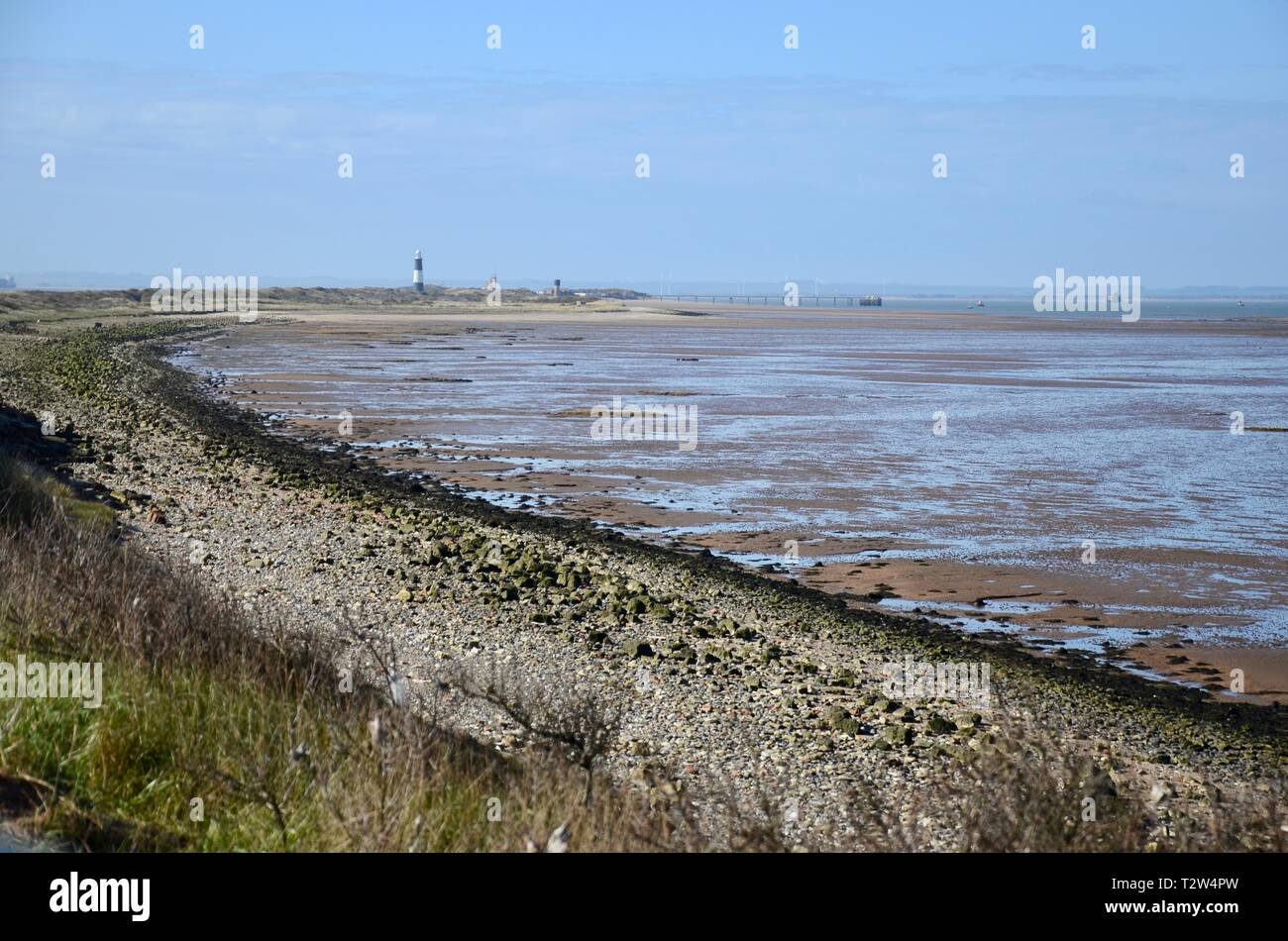 View of coastline of Humber Estuary and lighthouse at Spurn Point (or ...