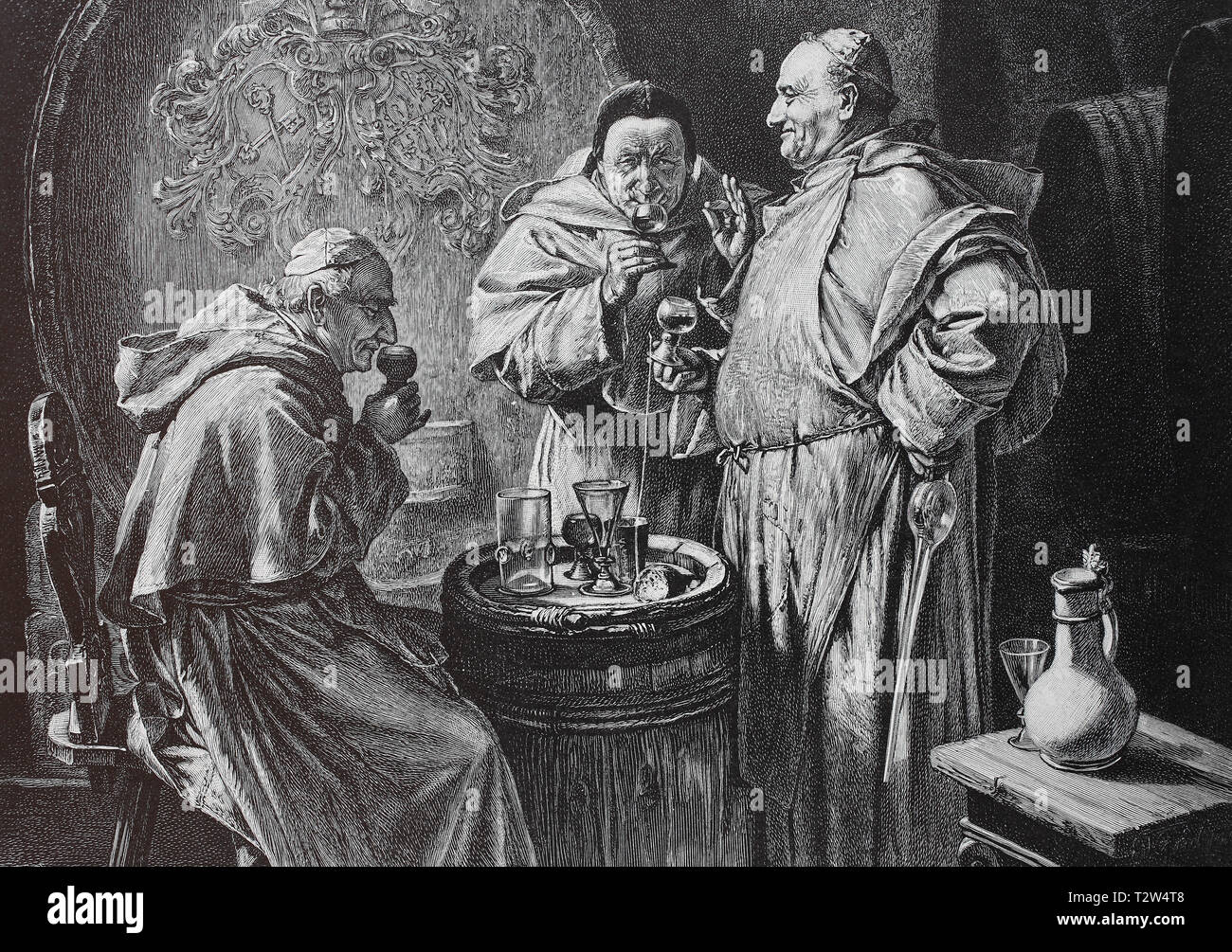 Monks at the wine test in the wine cellar, Mönche bei der Weinprobe im ...