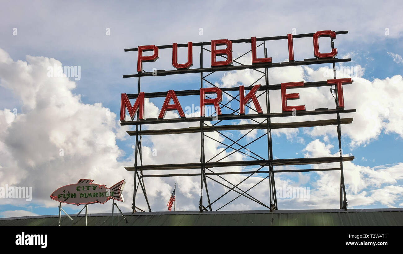 close up shot of the market sign at pike place in seattle washington ...