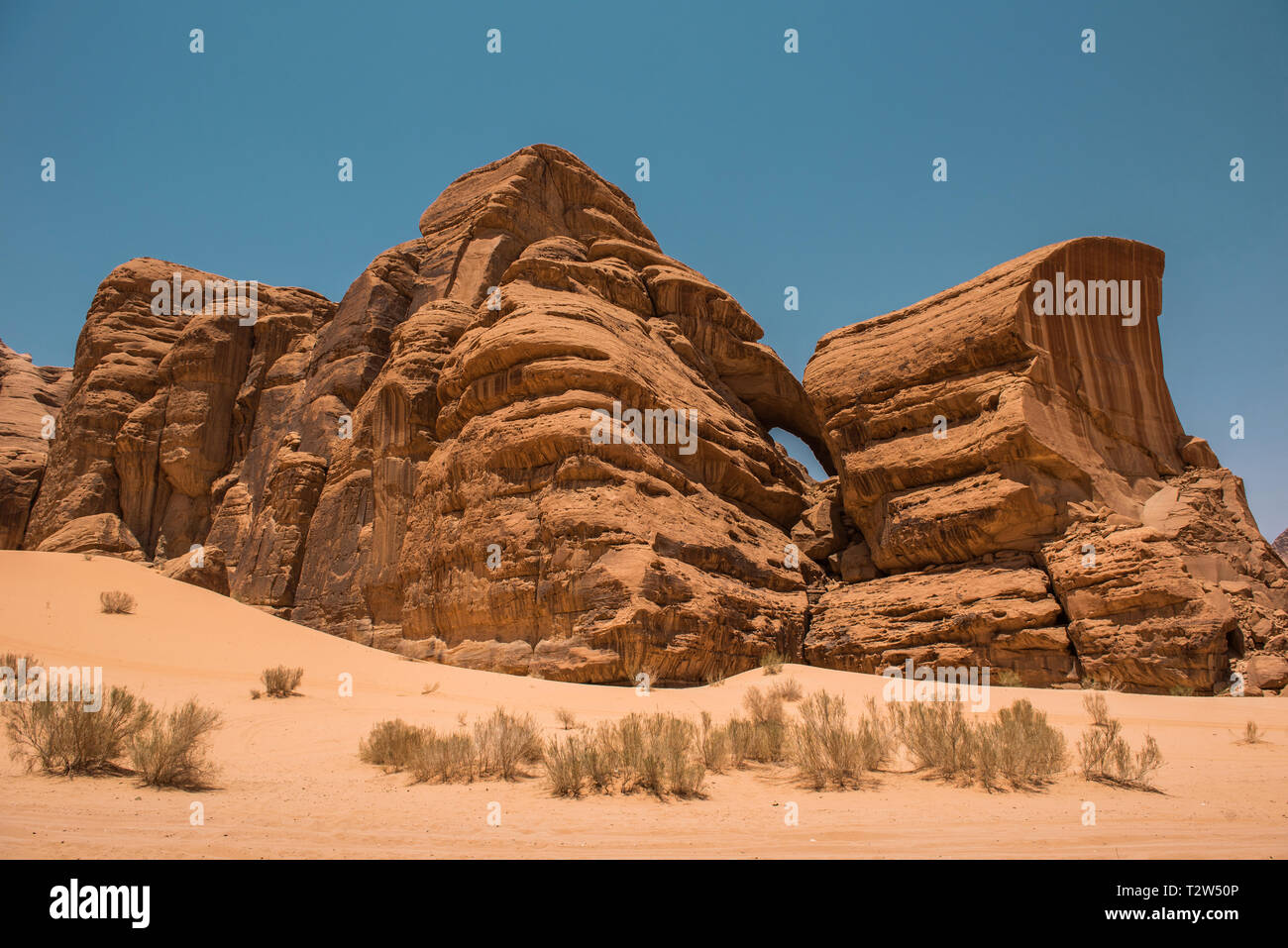 Sandstone and granite rocks in the desert. Wadi Rum, Jordan Stock Photo ...