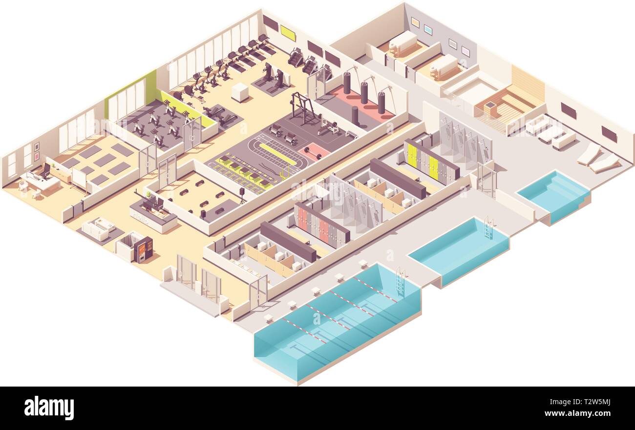 Vector isometric fitness club or gym interior cross-section with ...