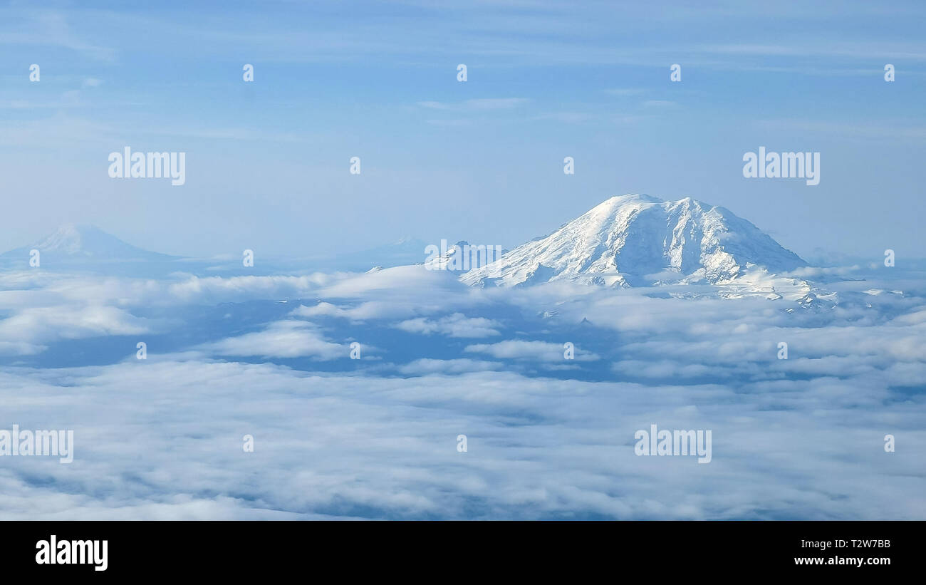the aerial view of mount rainier, mount adams and mt st helens near ...