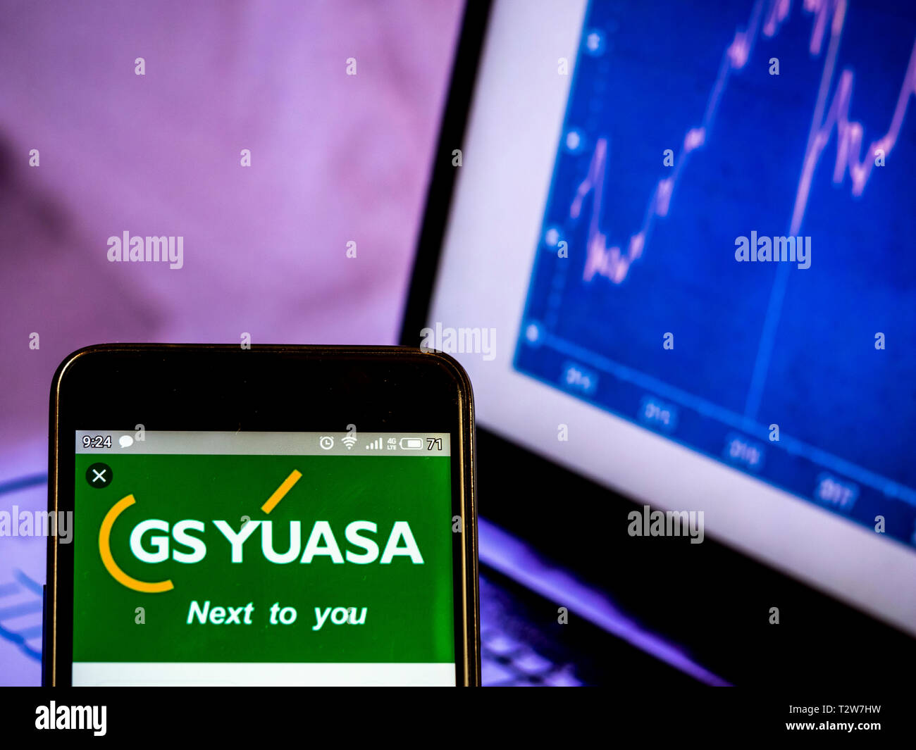 In this photo illustration a GS Yuasa Corporation logo seen displayed ...