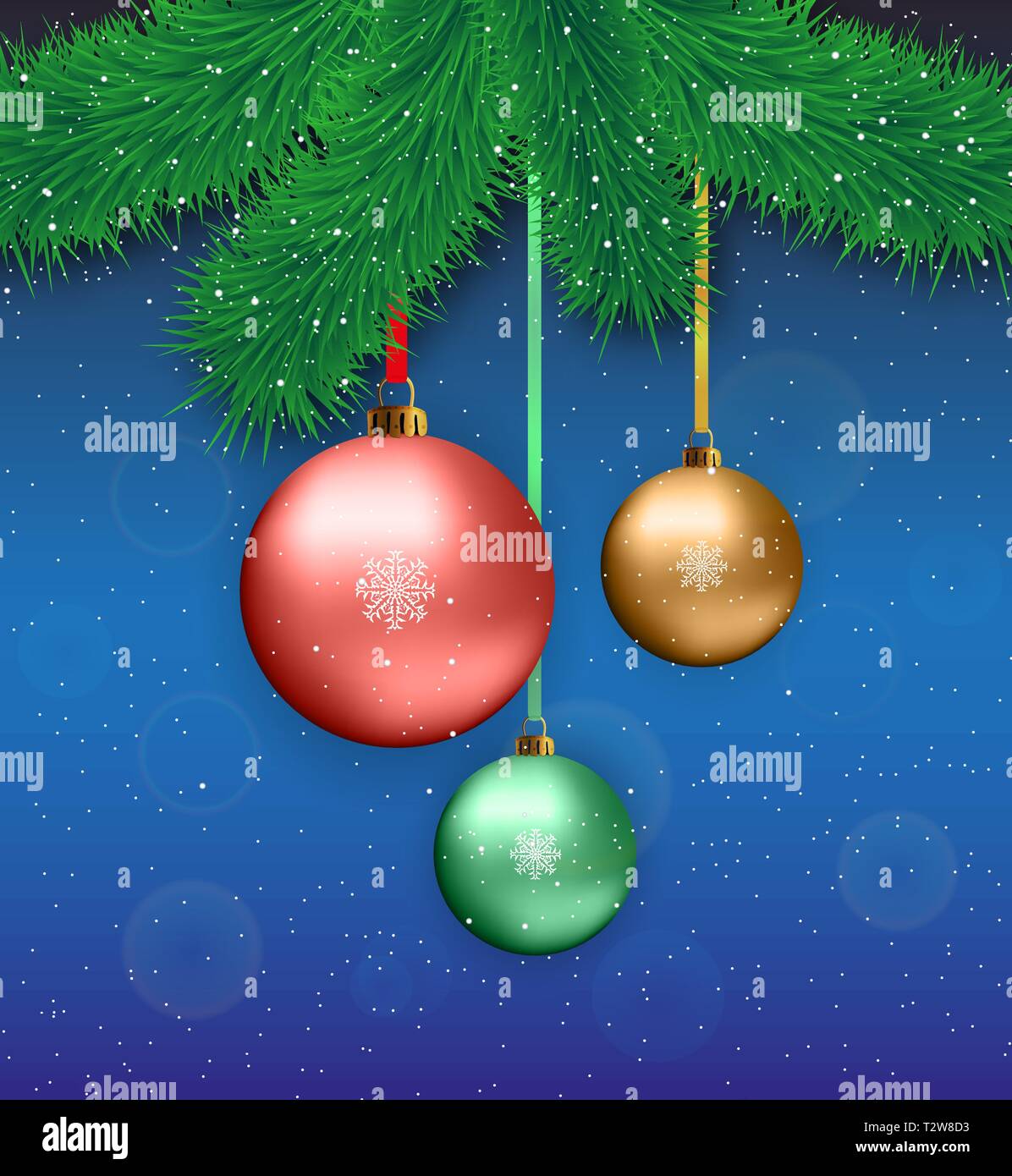 Holiday background card template Christmas branch with hanging balls on ...