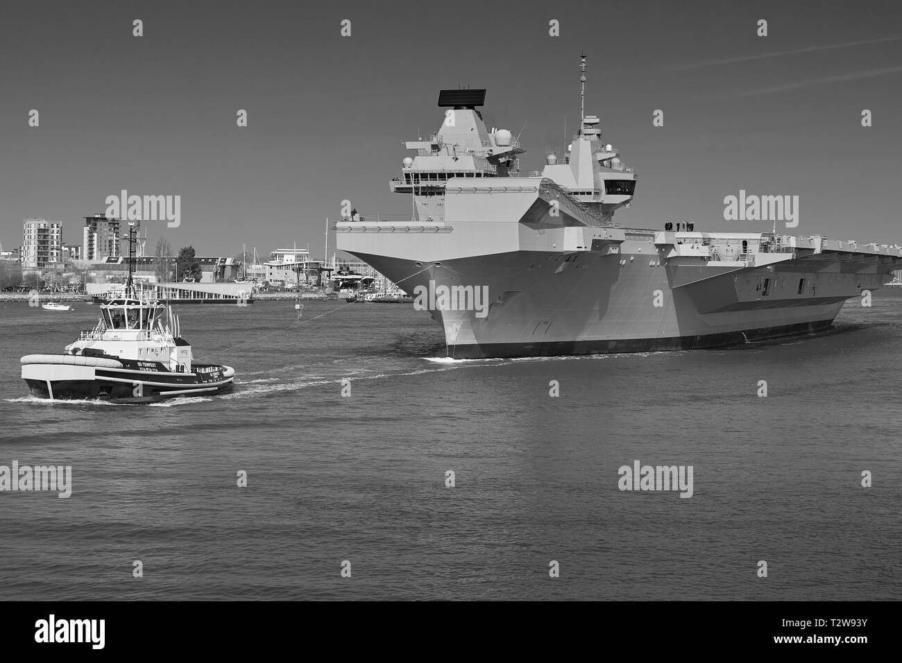 Royal Navy Aircraft Carrier, HMS QUEEN ELIZABETH, Being Assisted By Tug ...
