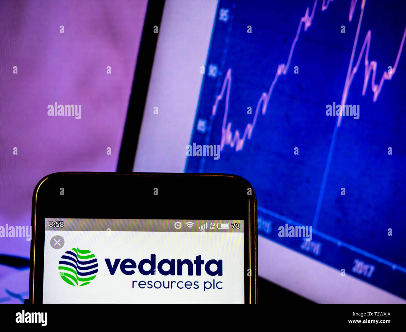 In this photo illustration a Vedanta Resources logo seen displayed on a ...
