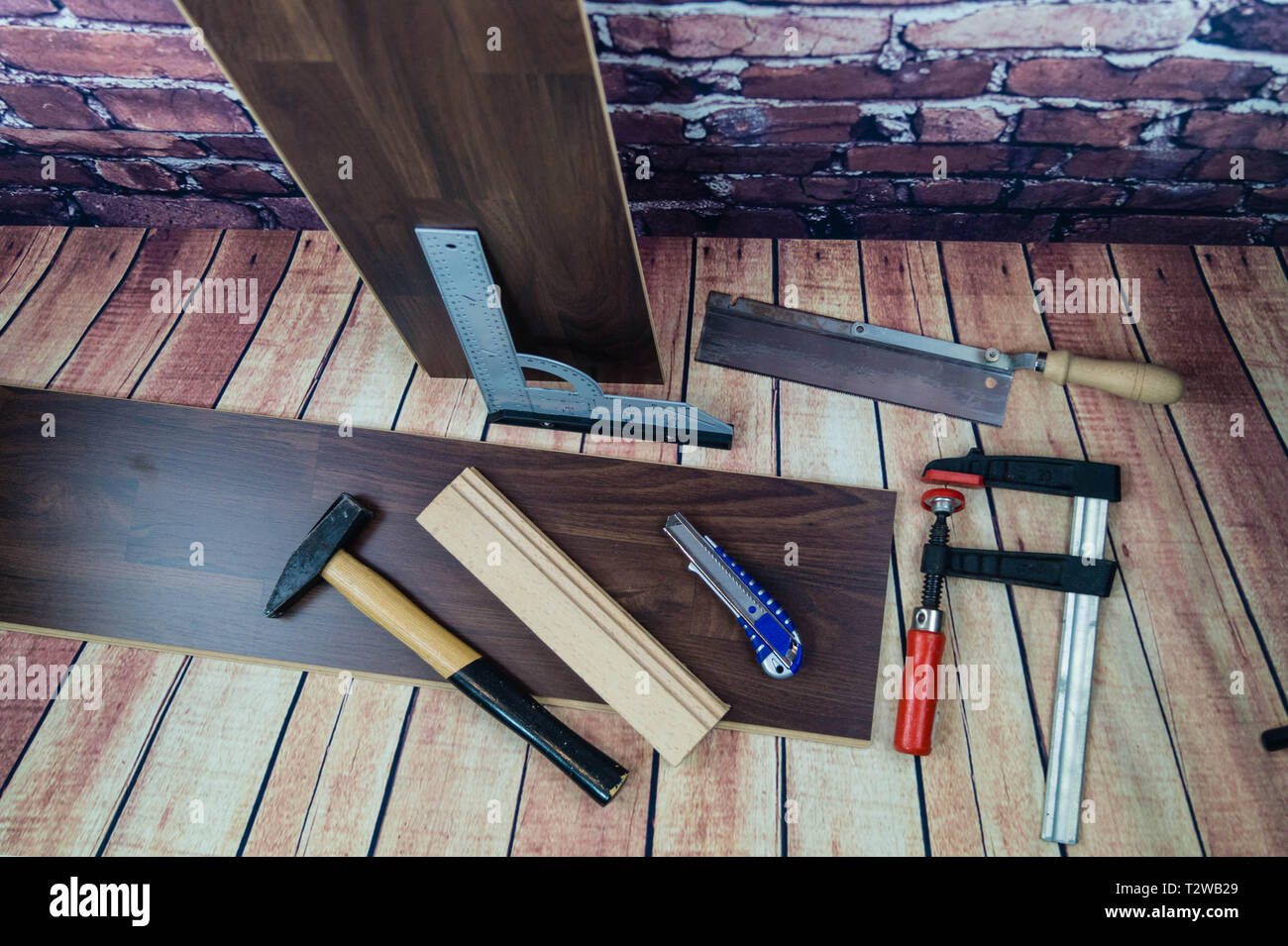 Tools for laying wooden Laminate or parquet on the floor Stock Photo ...