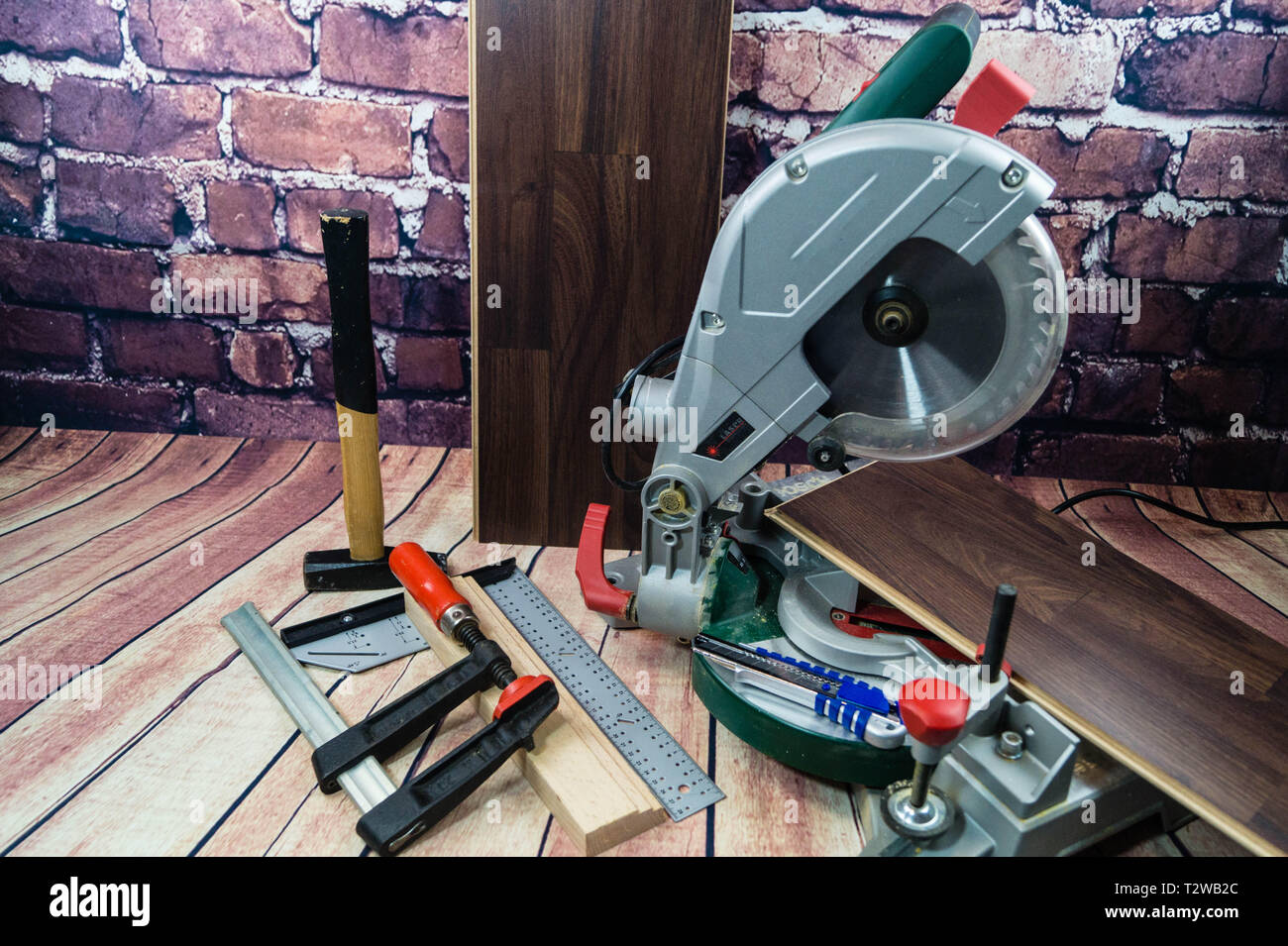 Tools for laying wooden Laminate or parquet on the floor Stock Photo ...