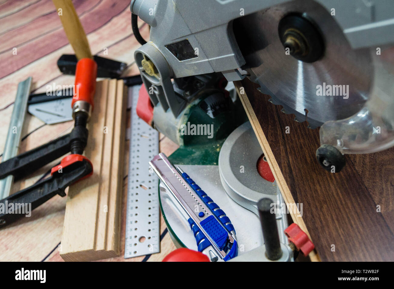 Tools for laying wooden Laminate or parquet on the floor Stock Photo ...