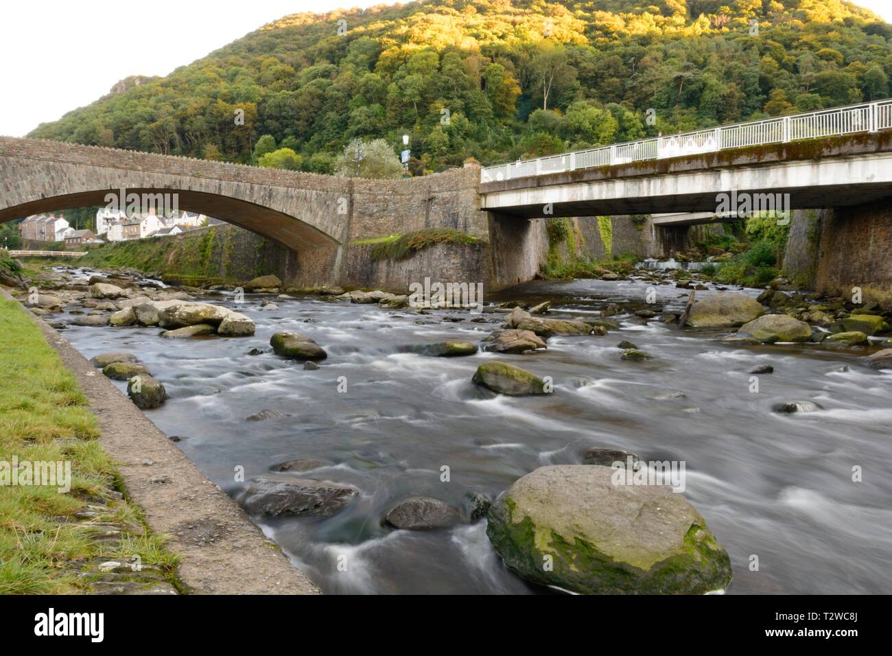Long exposure of the river flowing through Lynmouth in Devon Stock ...