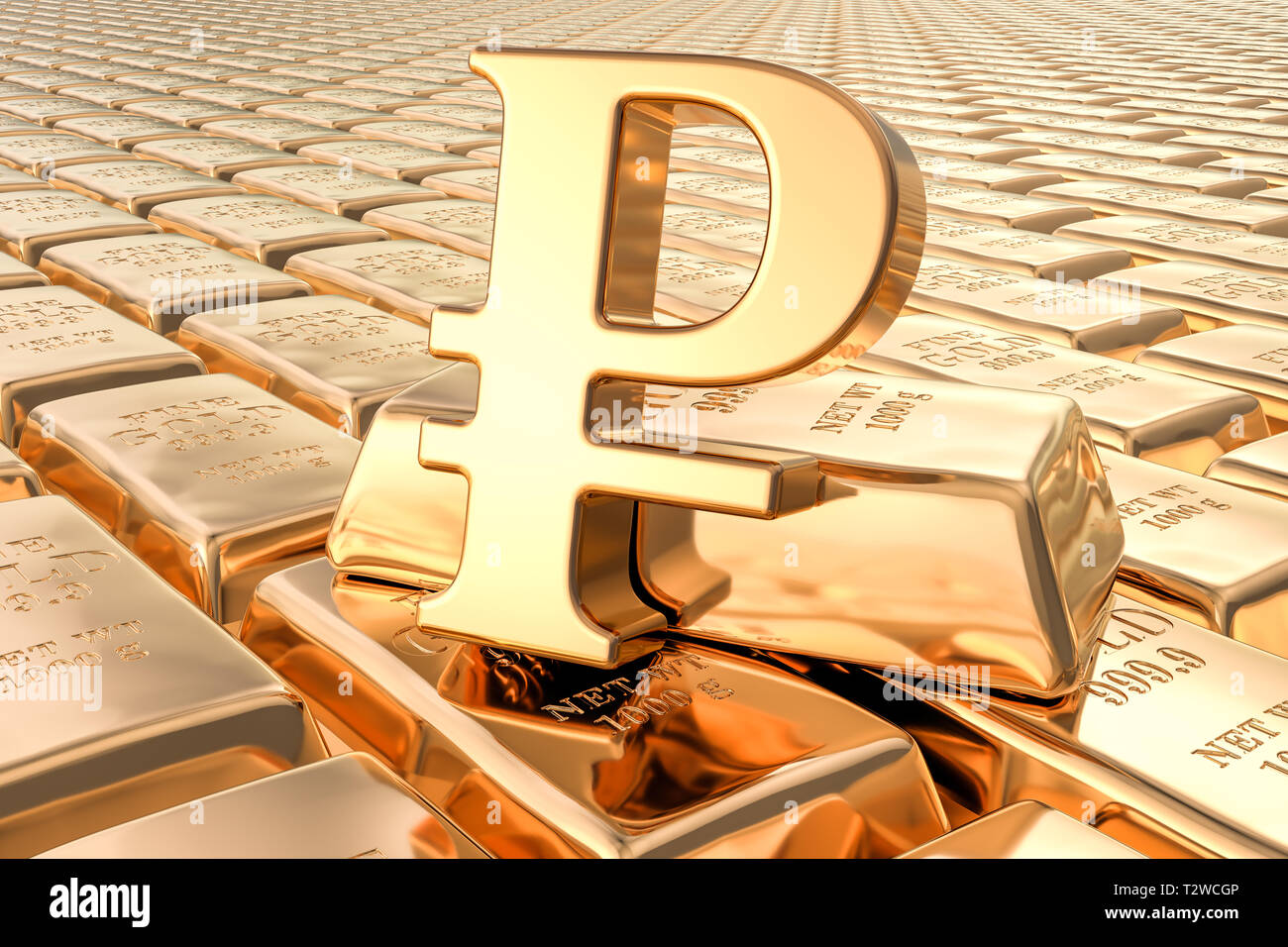 Background from gold ingots with ruble symbol, 3D rendering Stock Photo ...