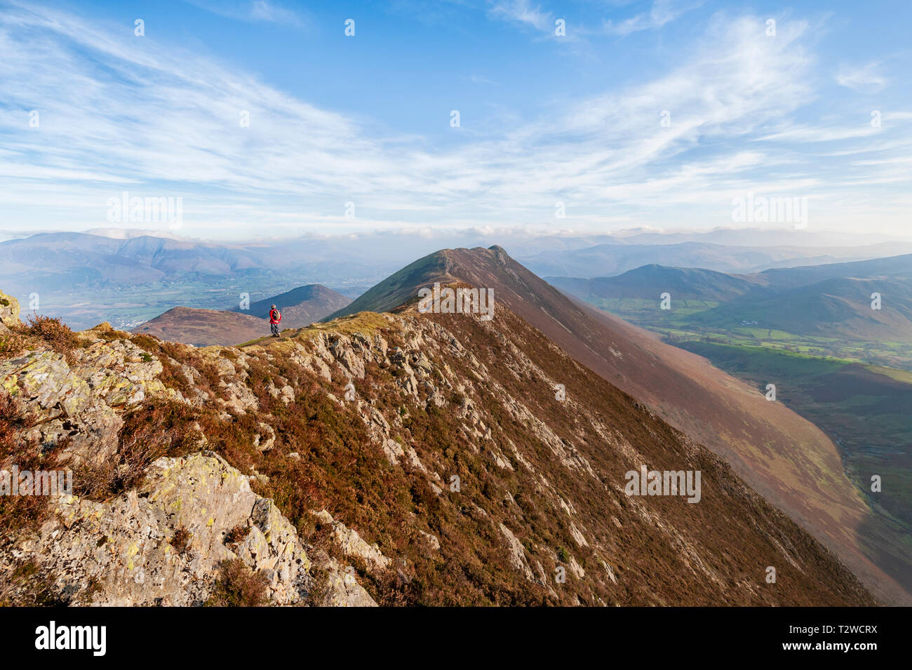 A lone hill walker on Causey Pike a fell that stands above the Newlands ...