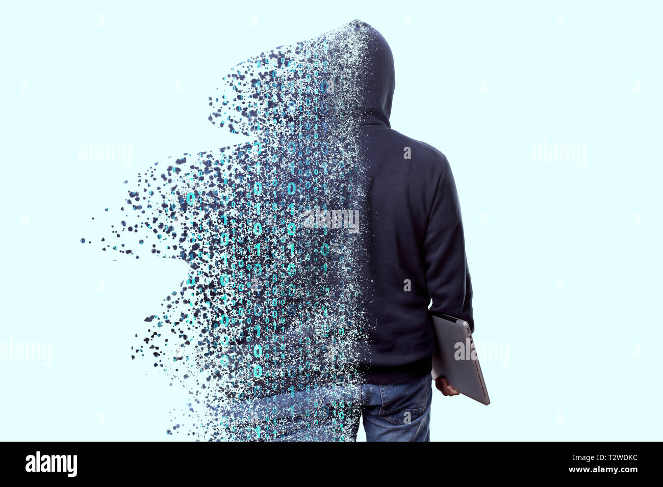 Back view of man in hood, hacker with laptop dispersing and ...