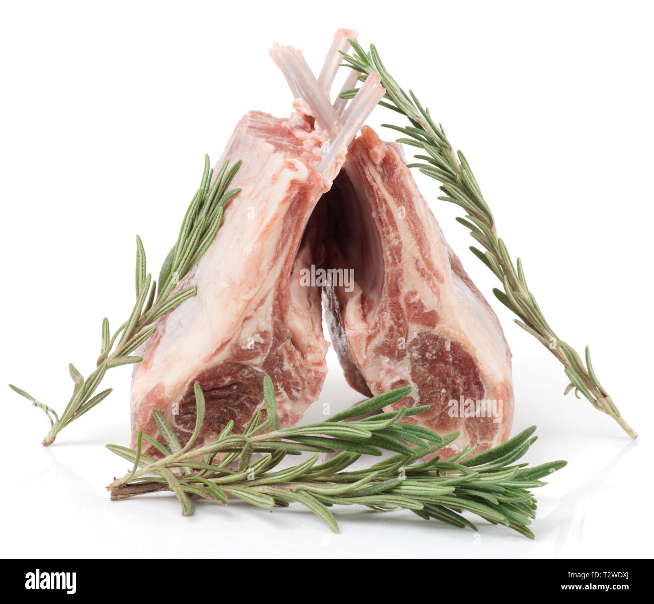 Raw rack of lamb with rosemary, isolated on white background with ...