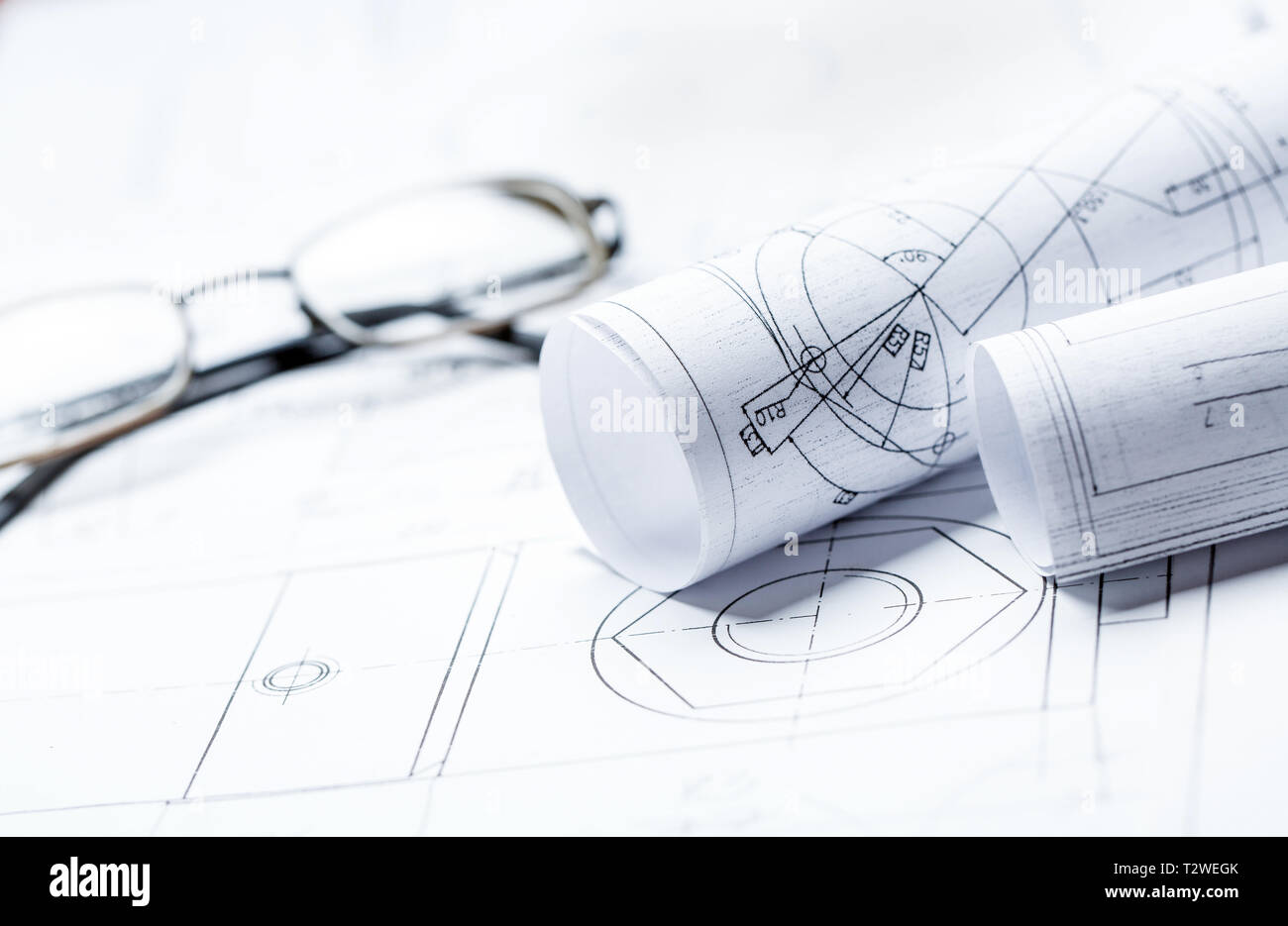 Details of the industrial drawing on the background of the eyeglasses ...