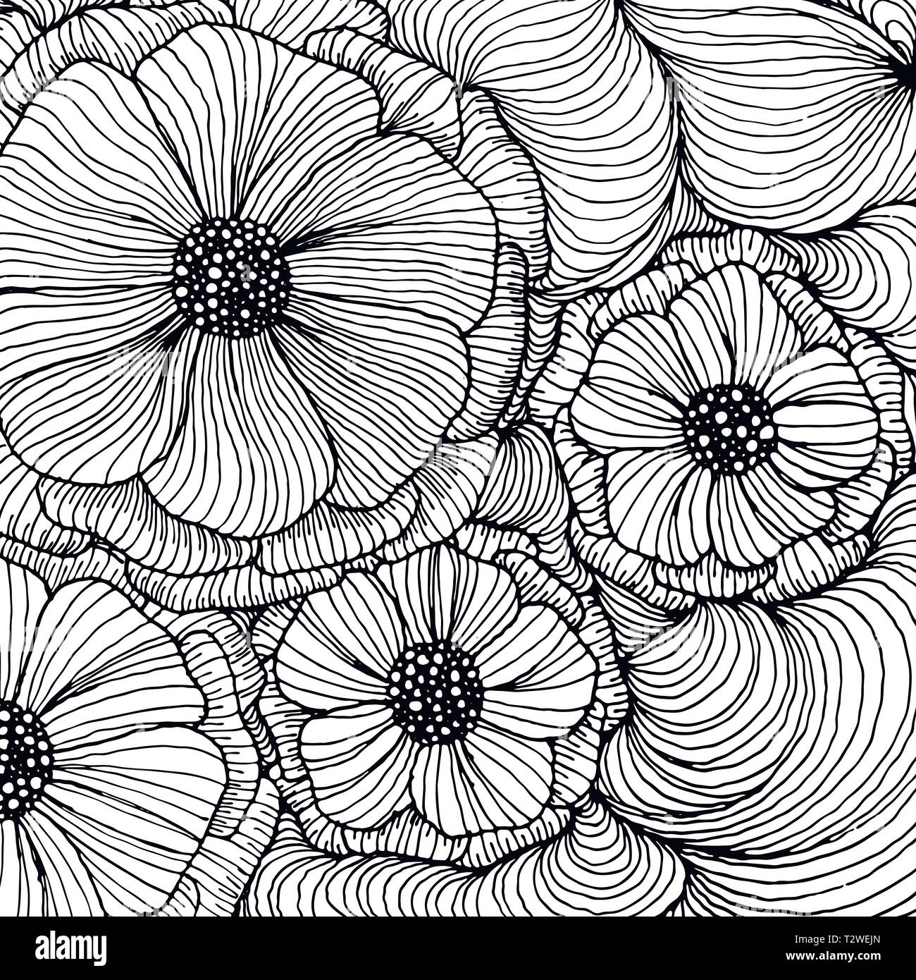 Vector doodle outline abstract ornamental flowers stripe background ...