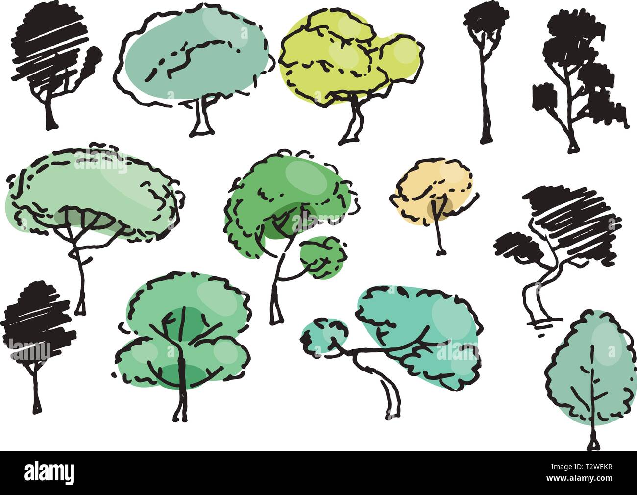 Trees sketch set, cartoon vintage illustration, ink draw engraved style ...