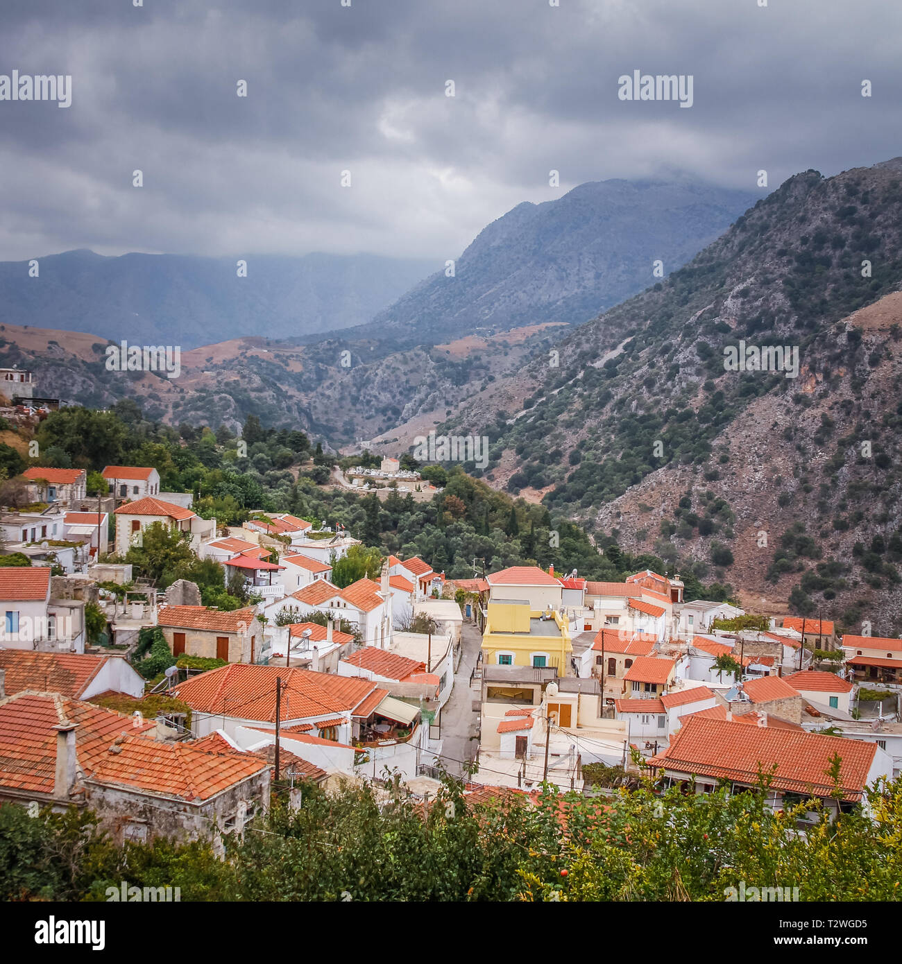 Argiroupolis small mountain village in Crete. Greece. Red roofs and ...