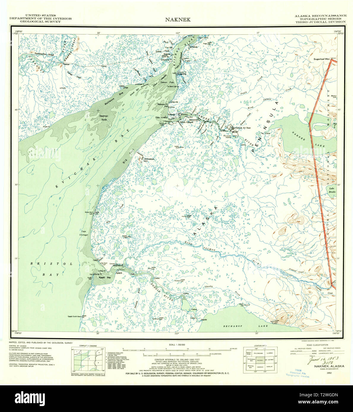 USGS TOPO Map Alaska AK Naknek 361231 1952 250000 Restoration Stock ...