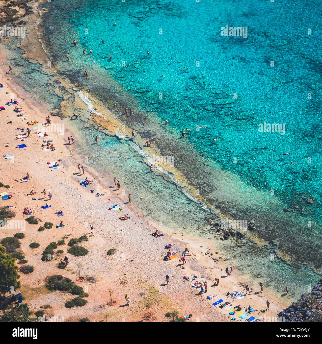 White beach in Gramvousa. Tourists on the beach. Crete Island area in ...