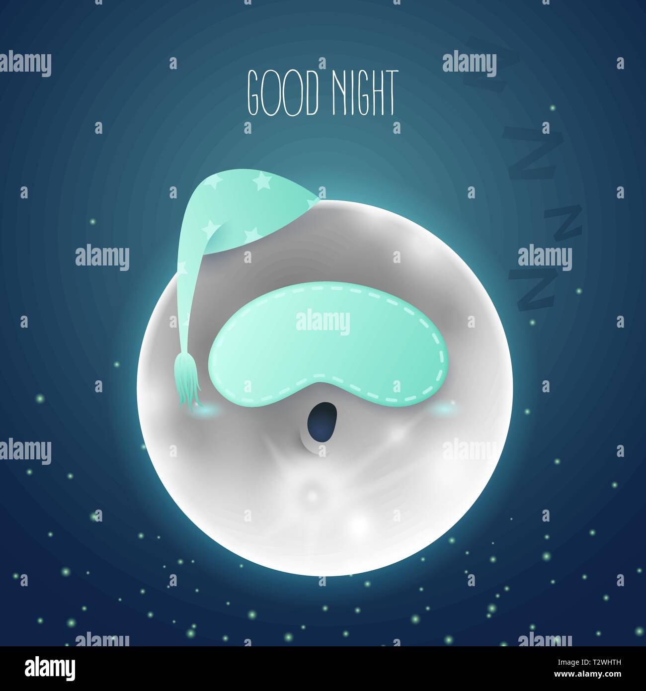 Vector cartoon illustration. A sleeping moon with sleeping mask and ...