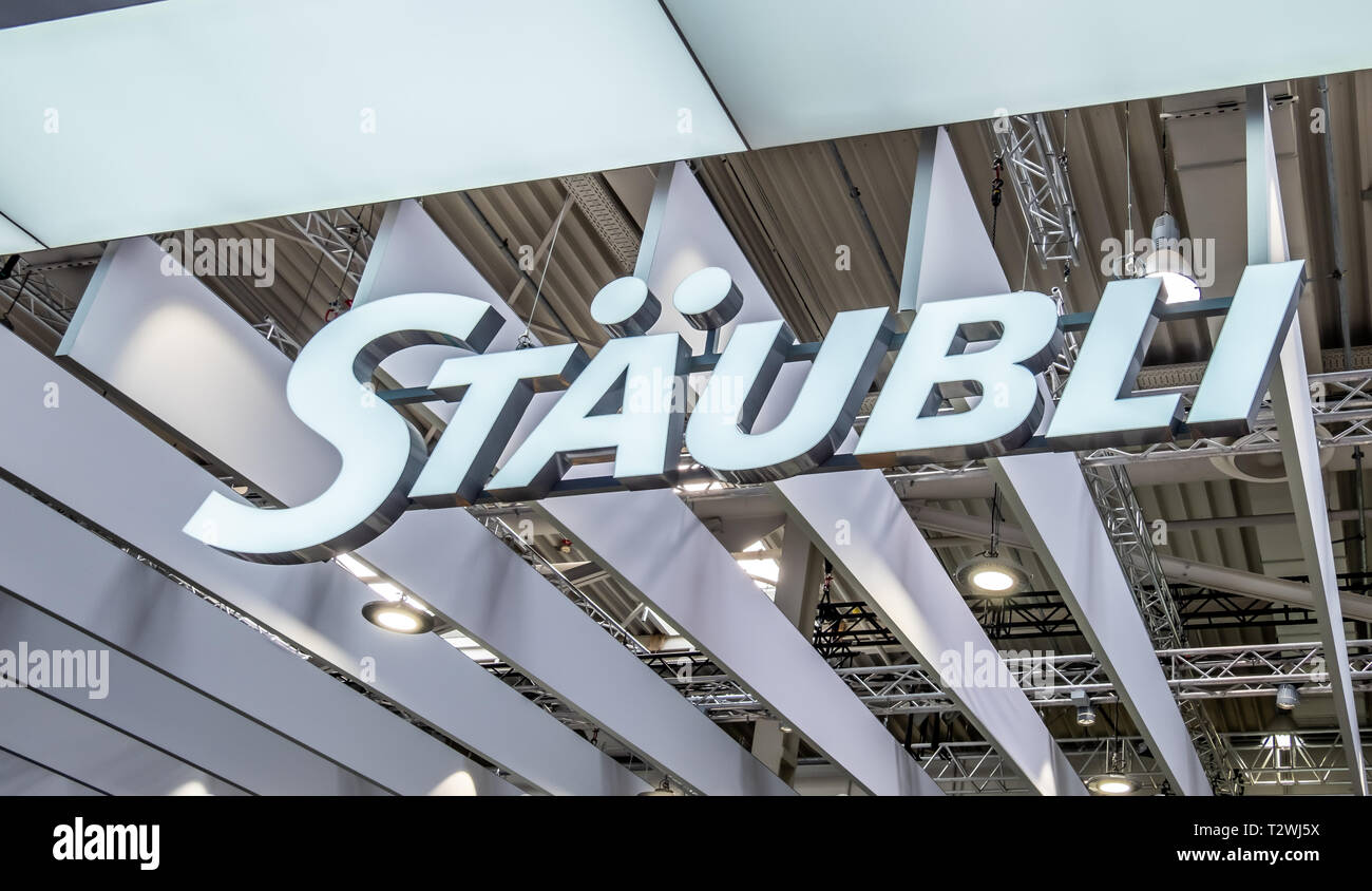 HANNOVER / GERMANY - APRIL 02 2019 : Staubli is presenting the newest ...